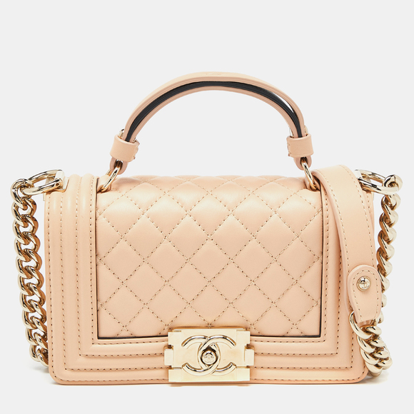 CHANEL | Bags | Chanel Beige Quilted Leather Small Boy Top Handle Bag ...